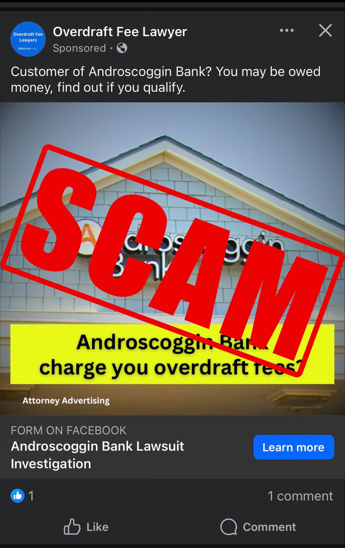 Recent Scam: "Overdraft Fee Lawyer" - Androscoggin Bank